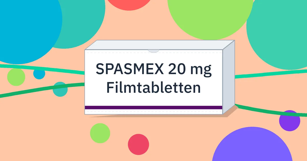 Symbolbild: Packung mit der Aufschrift SPASMEX 20 mg Filmtabletten (PZN 00557748) – Verfügbarkeit und Bezug in Apotheken in Frankfurt am Main