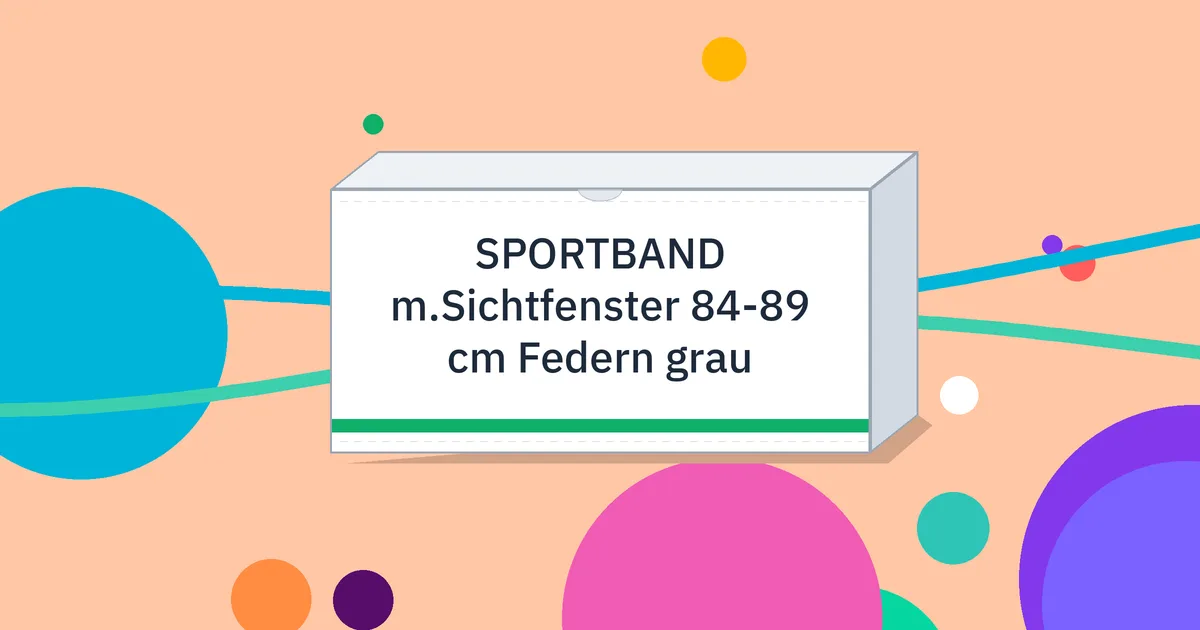 Symbolbild: Packung mit der Aufschrift SPORTBAND m.Sichtfenster 84-89 cm Federn grau (PZN 13916775) – Verfügbarkeit und Bezug in Apotheken in Frankfurt am Main