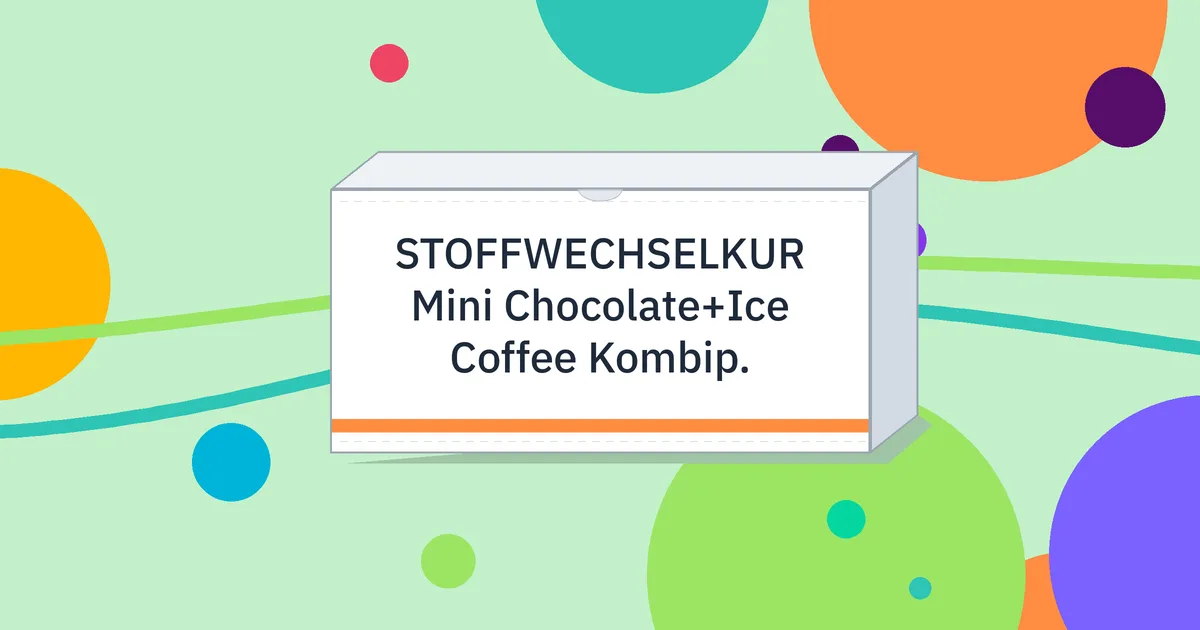 Symbolbild: Packung mit der Aufschrift STOFFWECHSELKUR Mini Chocolate+Ice Coffee Kombip. (PZN 14044722) – Verfügbarkeit und Bezug in Apotheken in Frankfurt am Main