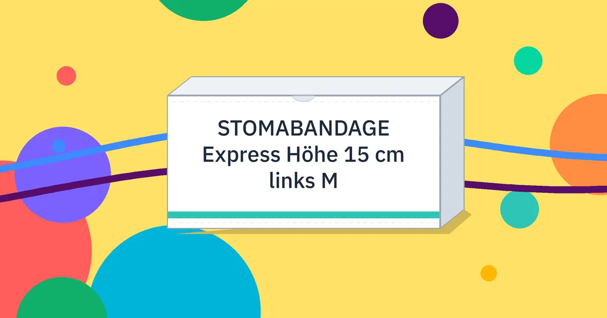 Symbolbild: Packung mit der Aufschrift STOMABANDAGE Express Höhe 15 cm links M (PZN 16507830) – Verfügbarkeit und Bezug in Apotheken in Frankfurt am Main