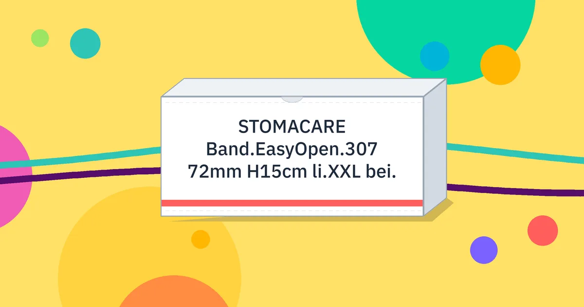 Symbolbild: Packung mit der Aufschrift STOMACARE Band.EasyOpen.307 72mm H15cm li.XXL bei. (PZN 07665866) – Verfügbarkeit und Bezug in Apotheken in Frankfurt am Main