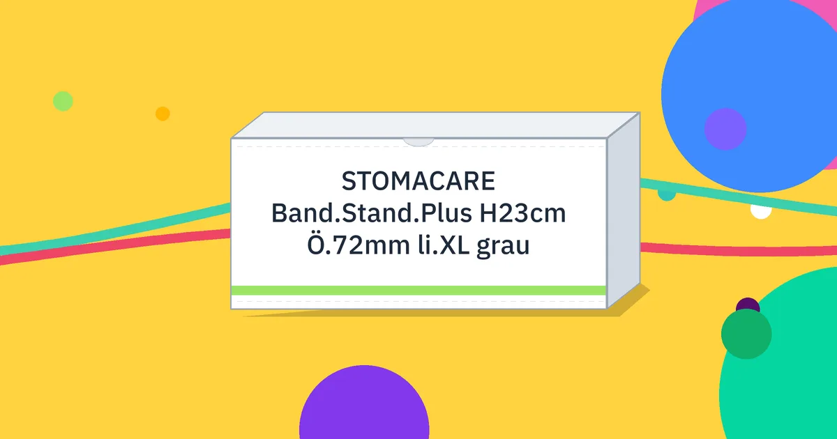 Symbolbild: Packung mit der Aufschrift STOMACARE Band.Stand.Plus H23cm Ö.72mm li.XL grau (PZN 16750996) – Verfügbarkeit und Bezug in Apotheken in Frankfurt am Main