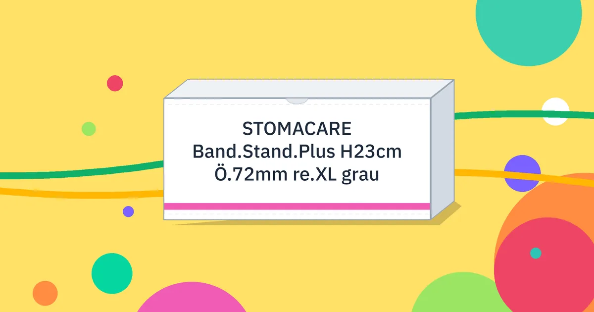 Symbolbild: Packung mit der Aufschrift STOMACARE Band.Stand.Plus H23cm Ö.72mm re.XL grau (PZN 16751085) – Verfügbarkeit und Bezug in Apotheken in Frankfurt am Main