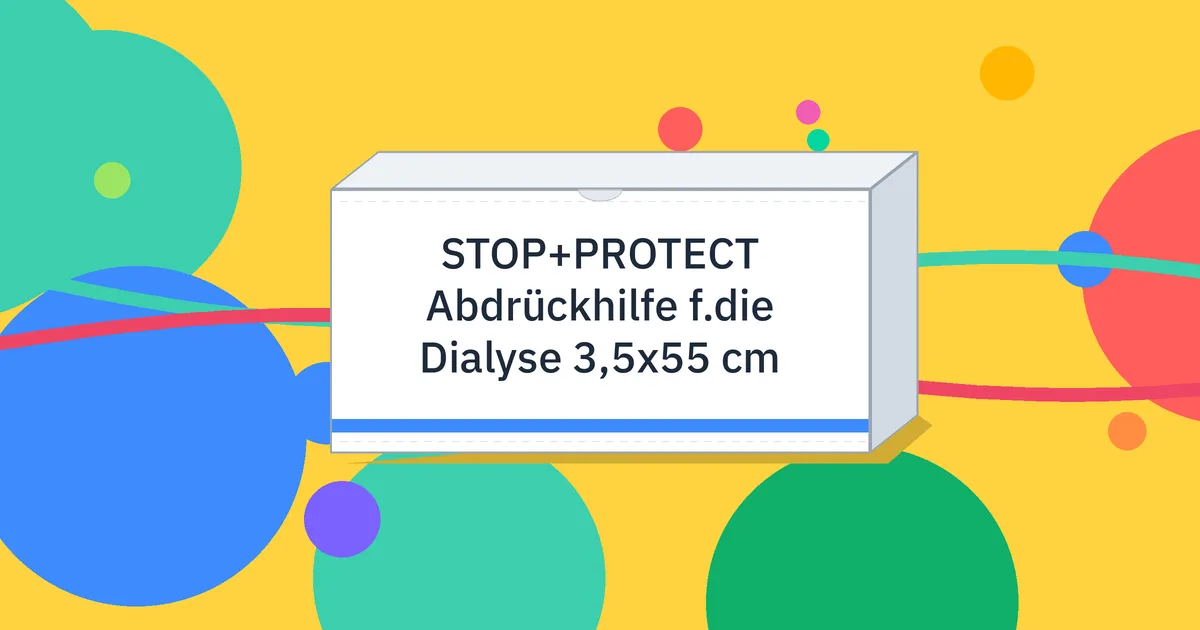 Symbolbild: Packung mit der Aufschrift STOP+PROTECT Abdrückhilfe f.die Dialyse 3,5x55 cm (PZN 14309907) – Verfügbarkeit und Bezug in Apotheken in Frankfurt am Main
