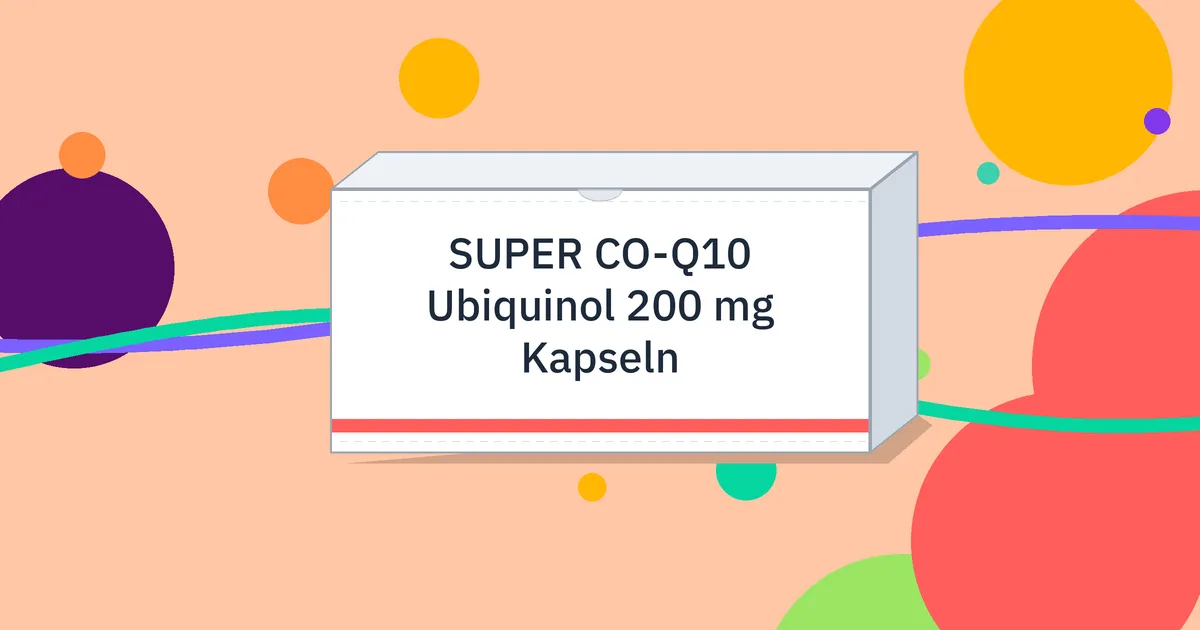Symbolbild: Packung mit der Aufschrift SUPER CO-Q10 Ubiquinol 200 mg Kapseln (PZN 19681480) – Verfügbarkeit und Bezug in Apotheken in Frankfurt am Main