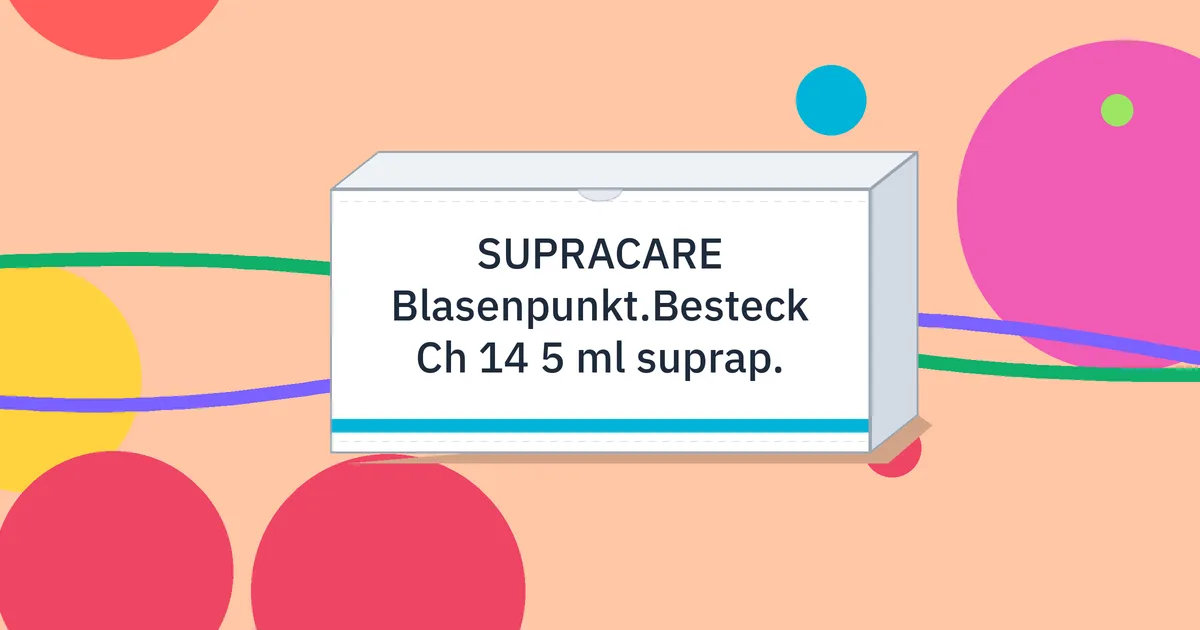 Symbolbild: Packung mit der Aufschrift SUPRACARE Blasenpunkt.Besteck Ch 14 5 ml suprap. (PZN 04505808) – Verfügbarkeit und Bezug in Apotheken in Frankfurt am Main