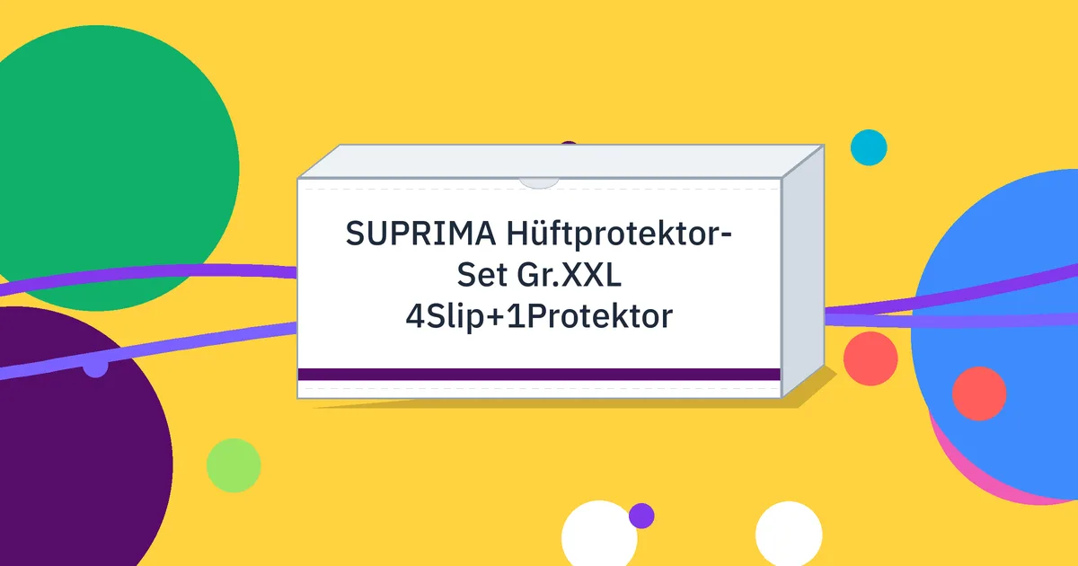 Symbolbild: Packung mit der Aufschrift SUPRIMA Hüftprotektor-Set Gr.XXL 4Slip+1Protektor (PZN 07711477) – Verfügbarkeit und Bezug in Apotheken in Frankfurt am Main