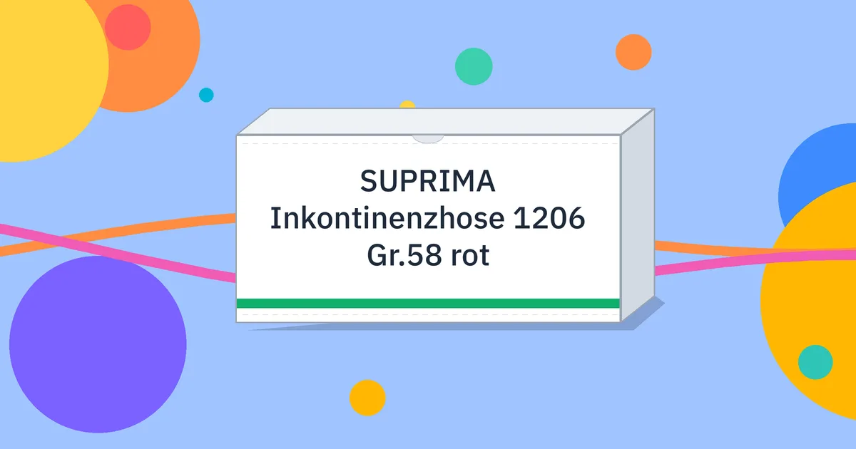 Symbolbild: Packung mit der Aufschrift SUPRIMA Inkontinenzhose 1206 Gr.58 rot (PZN 01513405) – Verfügbarkeit und Bezug in Apotheken in Frankfurt am Main