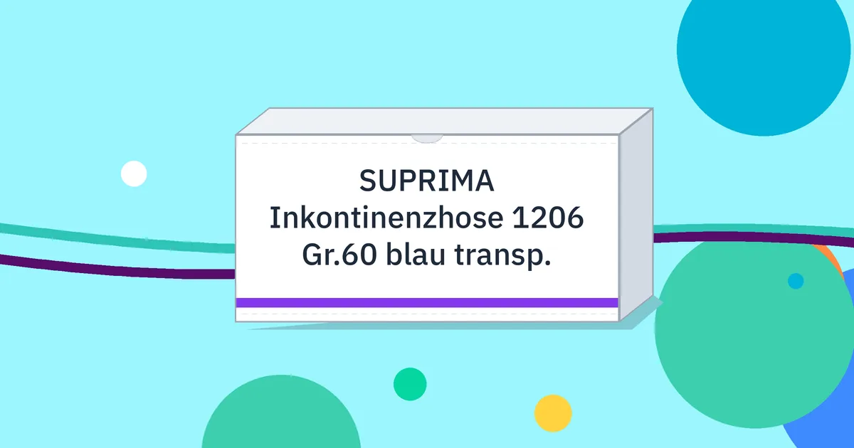 Symbolbild: Packung mit der Aufschrift SUPRIMA Inkontinenzhose 1206 Gr.60 blau transp. (PZN 01515350) – Verfügbarkeit und Bezug in Apotheken in Frankfurt am Main