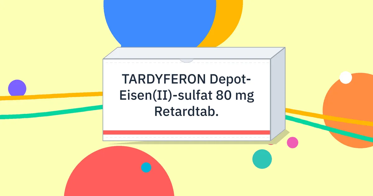 Symbolbild: Packung mit der Aufschrift TARDYFERON Depot-Eisen(II)-sulfat 80 mg Retardtab. (PZN 18070745) – Verfügbarkeit und Bezug in Apotheken in Frankfurt am Main