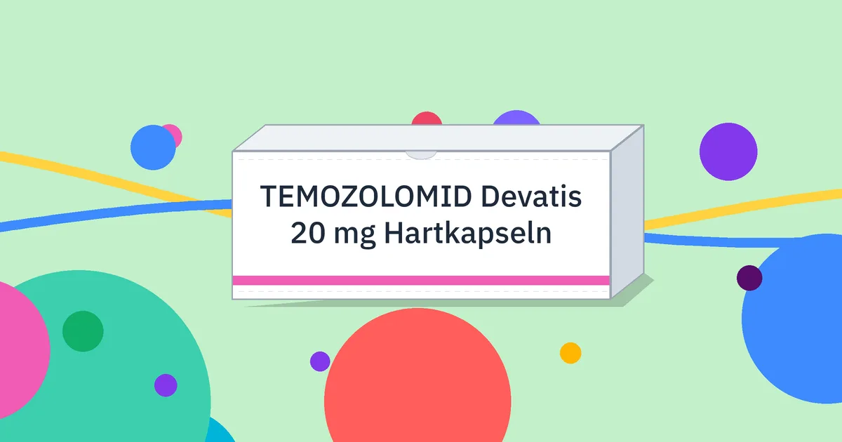 Symbolbild: Packung mit der Aufschrift TEMOZOLOMID Devatis 20 mg Hartkapseln (PZN 17981864) – Verfügbarkeit und Bezug in Apotheken in Frankfurt am Main