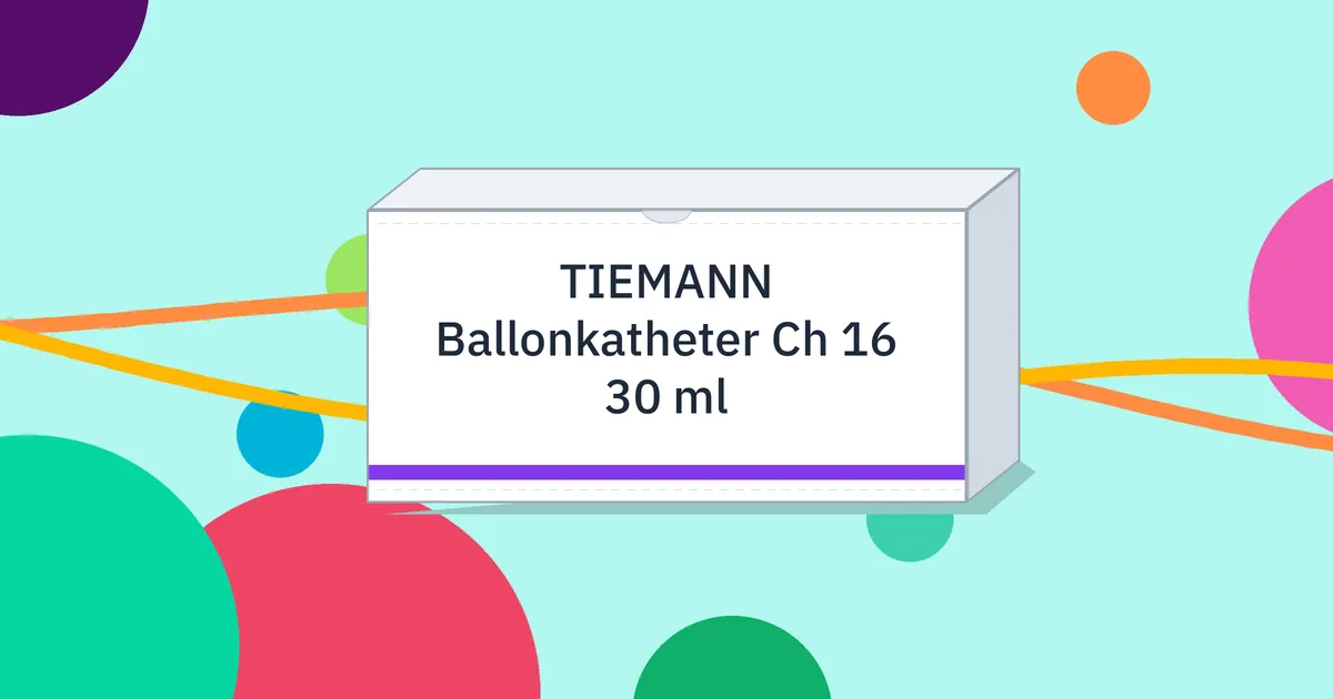 Symbolbild: Packung mit der Aufschrift TIEMANN Ballonkatheter Ch 16 30 ml (PZN 00182550) – Verfügbarkeit und Bezug in Apotheken in Frankfurt am Main