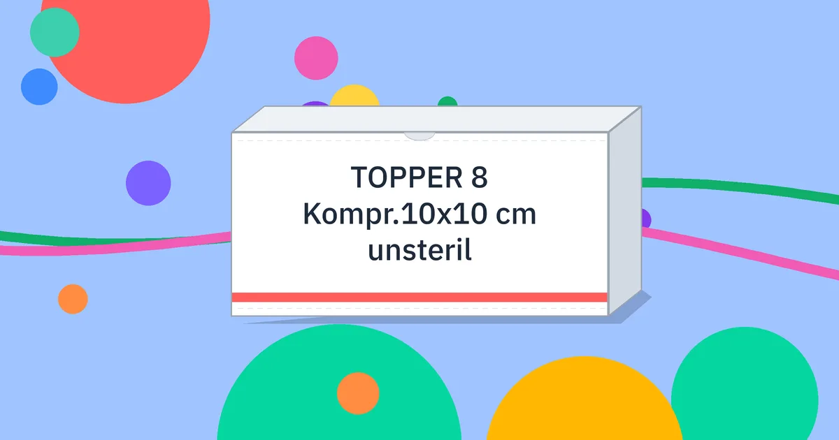Symbolbild: Packung mit der Aufschrift TOPPER 8 Kompr.10x10 cm unsteril (PZN 01341708) – Verfügbarkeit und Bezug in Apotheken in Frankfurt am Main