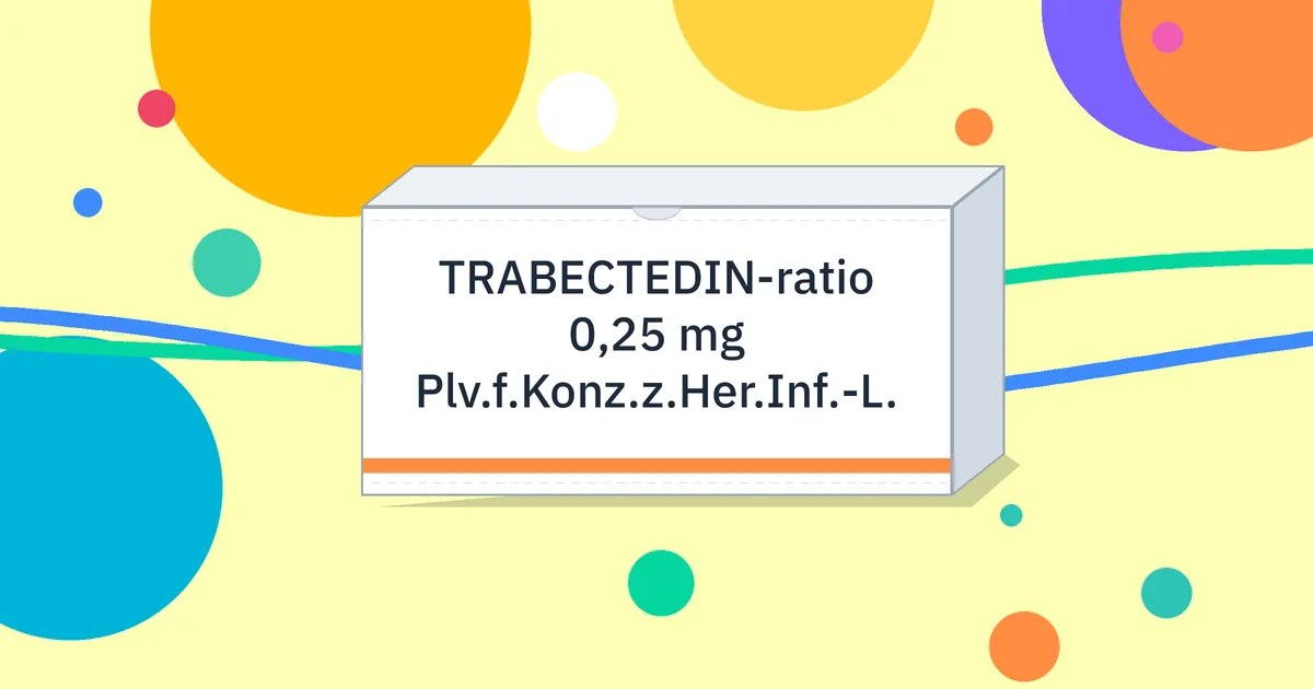 Symbolbild: Packung mit der Aufschrift TRABECTEDIN-ratio 0,25 mg Plv.f.Konz.z.Her.Inf.-L. (PZN 18044989) – Verfügbarkeit und Bezug in Apotheken in Frankfurt am Main
