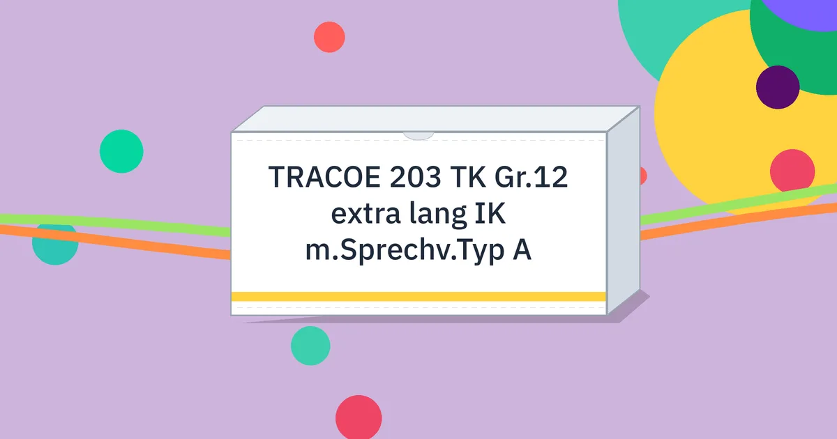 Symbolbild: Packung mit der Aufschrift TRACOE 203 TK Gr.12 extra lang IK m.Sprechv.Typ A (PZN 00917750) – Verfügbarkeit und Bezug in Apotheken in Frankfurt am Main
