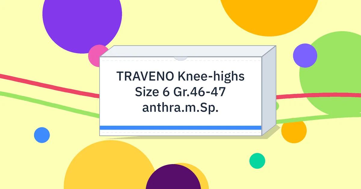 Symbolbild: Packung mit der Aufschrift TRAVENO Knee-highs Size 6 Gr.46-47 anthra.m.Sp. (PZN 17602909) – Verfügbarkeit und Bezug in Apotheken in Frankfurt am Main