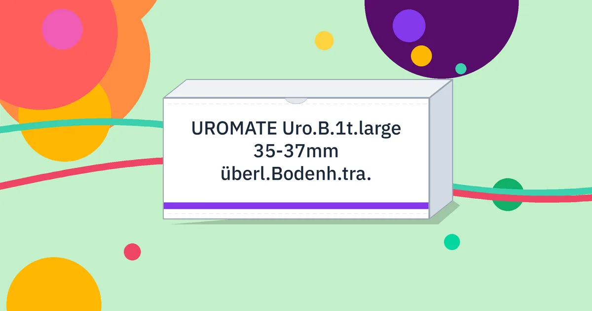 Symbolbild: Packung mit der Aufschrift UROMATE Uro.B.1t.large 35-37mm überl.Bodenh.tra. (PZN 03741317) – Verfügbarkeit und Bezug in Apotheken in Frankfurt am Main