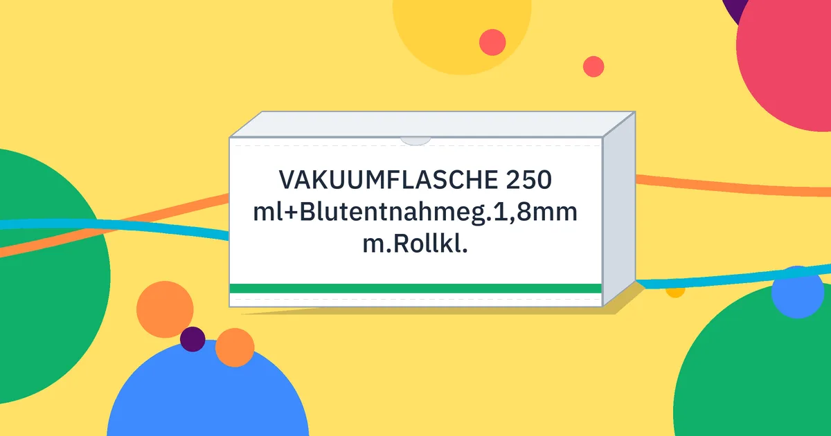 Symbolbild: Packung mit der Aufschrift VAKUUMFLASCHE 250 ml+Blutentnahmeg.1,8mm m.Rollkl. (PZN 06110238) – Verfügbarkeit und Bezug in Apotheken in Frankfurt am Main