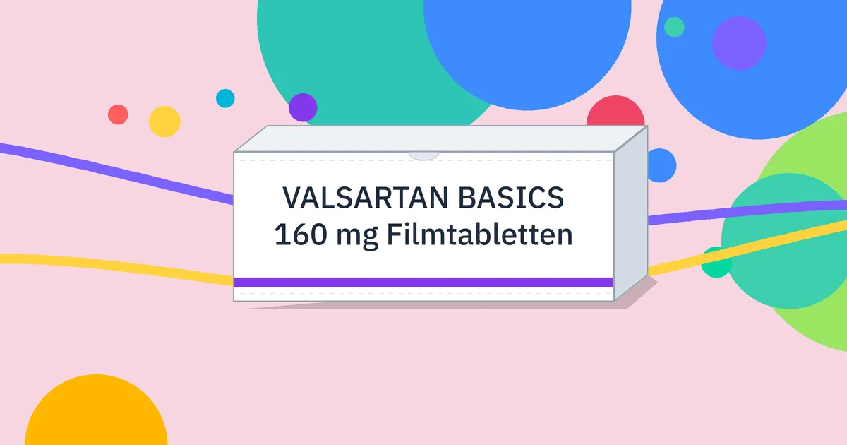Symbolbild: Packung mit der Aufschrift VALSARTAN BASICS 160 mg Filmtabletten (PZN 07762167) – Verfügbarkeit und Bezug in Apotheken in Frankfurt am Main