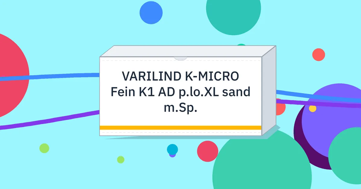 Symbolbild: Packung mit der Aufschrift VARILIND K-MICRO Fein K1 AD p.lo.XL sand m.Sp. (PZN 20618989) – Verfügbarkeit und Bezug in Apotheken in Frankfurt am Main
