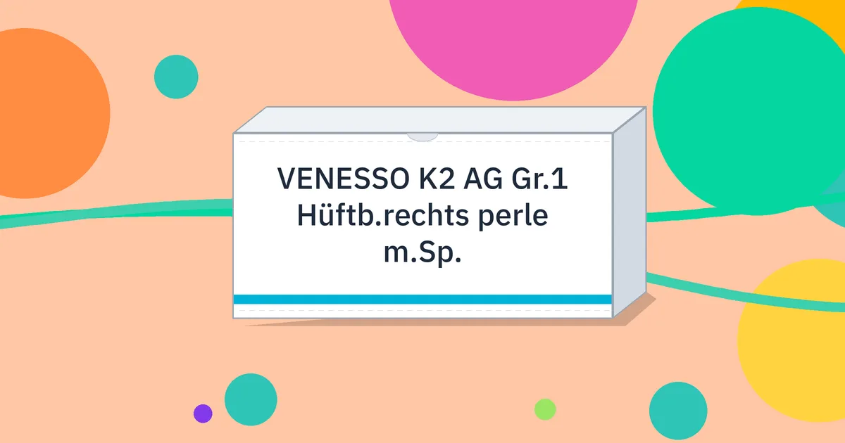 Symbolbild: Packung mit der Aufschrift VENESSO K2 AG Gr.1 Hüftb.rechts perle m.Sp. (PZN 03273224) – Verfügbarkeit und Bezug in Apotheken in Frankfurt am Main