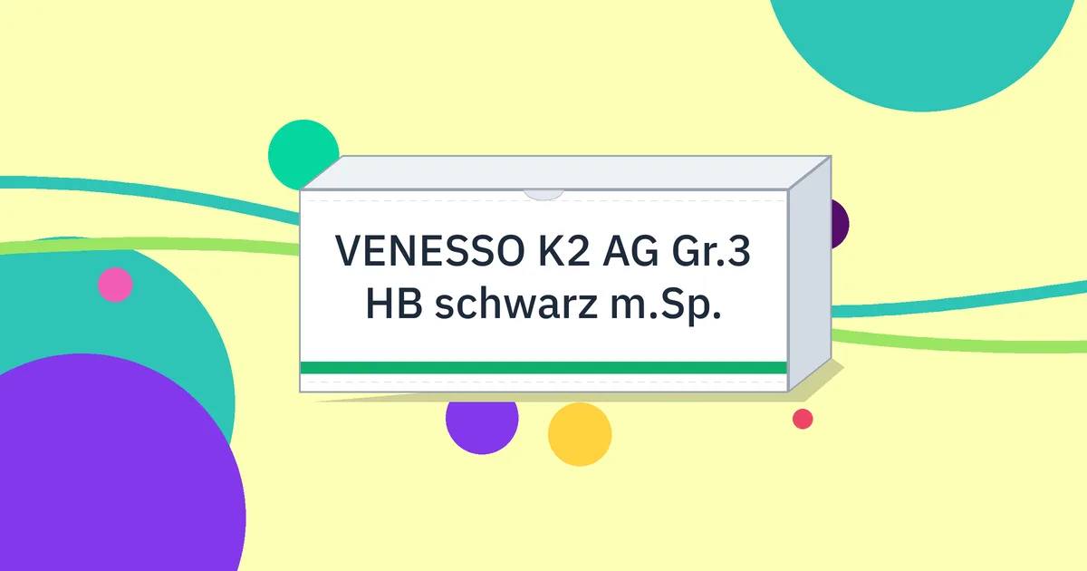 Symbolbild: Packung mit der Aufschrift VENESSO K2 AG Gr.3 HB schwarz m.Sp. (PZN 03264337) – Verfügbarkeit und Bezug in Apotheken in Frankfurt am Main