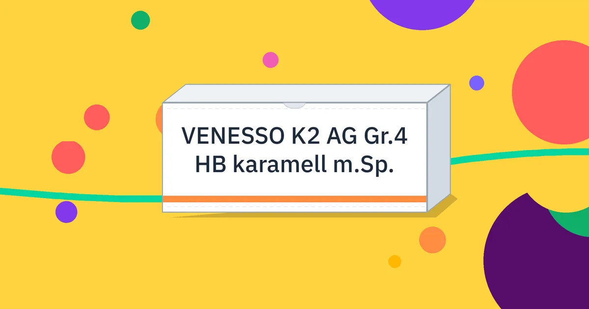 Symbolbild: Packung mit der Aufschrift VENESSO K2 AG Gr.4 HB karamell m.Sp. (PZN 13758230) – Verfügbarkeit und Bezug in Apotheken in Frankfurt am Main