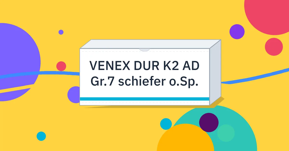 Symbolbild: Packung mit der Aufschrift VENEX DUR K2 AD Gr.7 schiefer o.Sp. (PZN 03212151) – Verfügbarkeit und Bezug in Apotheken in Frankfurt am Main