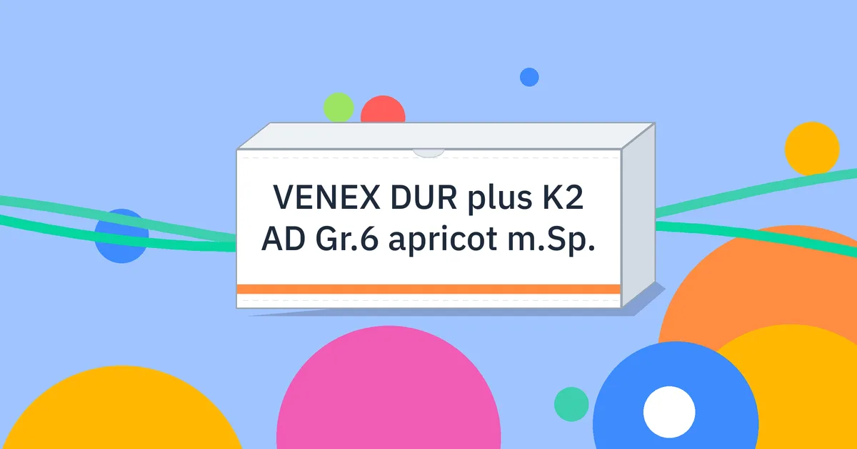 Symbolbild: Packung mit der Aufschrift VENEX DUR plus K2 AD Gr.6 apricot m.Sp. (PZN 03233302) – Verfügbarkeit und Bezug in Apotheken in Frankfurt am Main