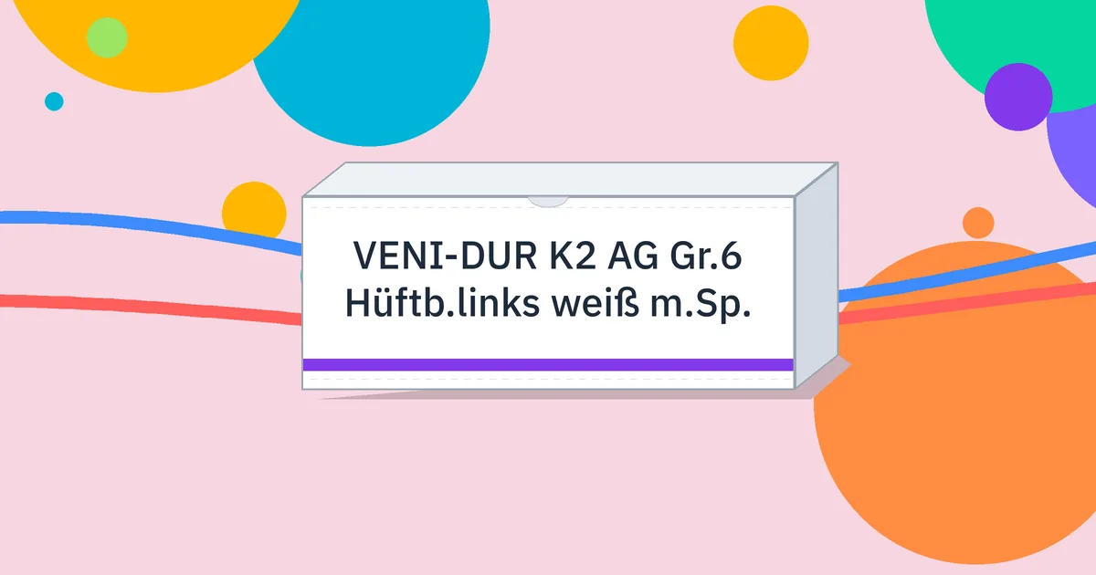 Symbolbild: Packung mit der Aufschrift VENI-DUR K2 AG Gr.6 Hüftb.links weiß m.Sp. (PZN 03250826) – Verfügbarkeit und Bezug in Apotheken in Frankfurt am Main