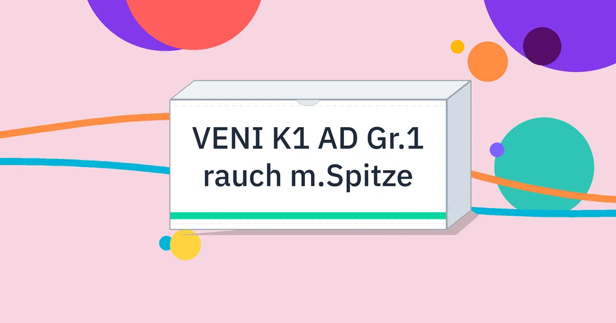 Symbolbild: Packung mit der Aufschrift VENI K1 AD Gr.1 rauch m.Spitze (PZN 08673247) – Verfügbarkeit und Bezug in Apotheken in Frankfurt am Main