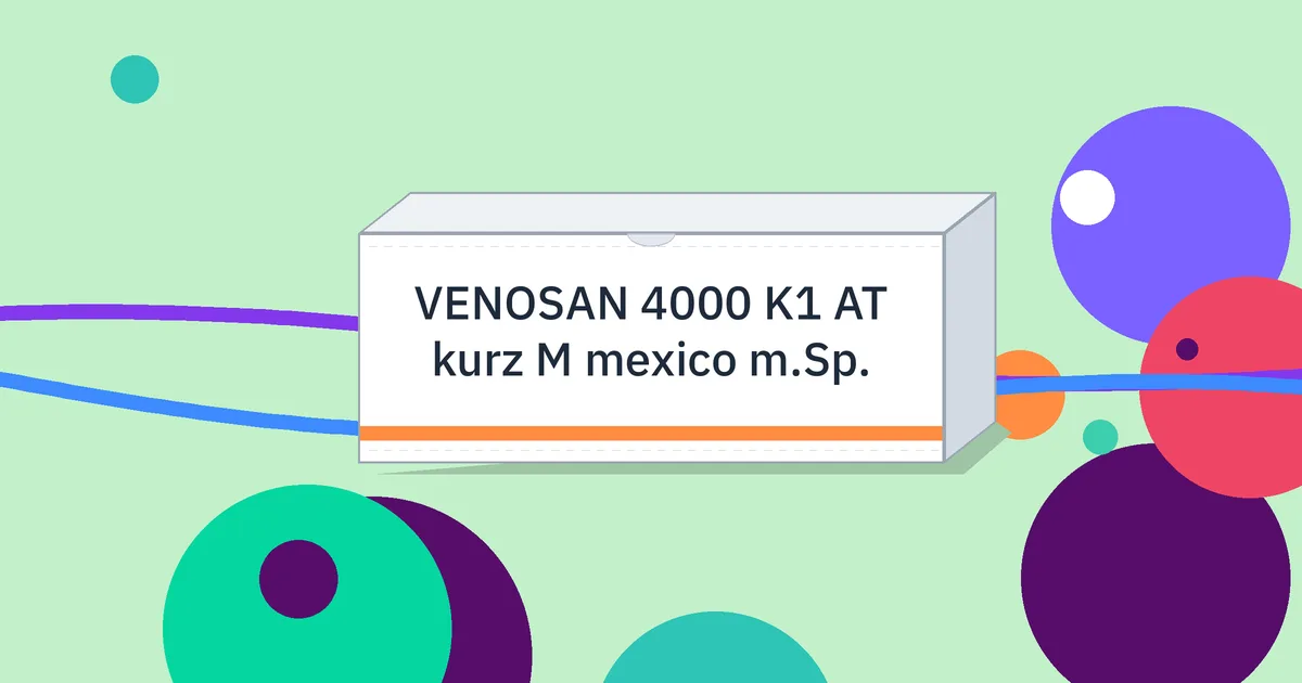 Symbolbild: Packung mit der Aufschrift VENOSAN 4000 K1 AT kurz M mexico m.Sp. (PZN 14423371) – Verfügbarkeit und Bezug in Apotheken in Frankfurt am Main