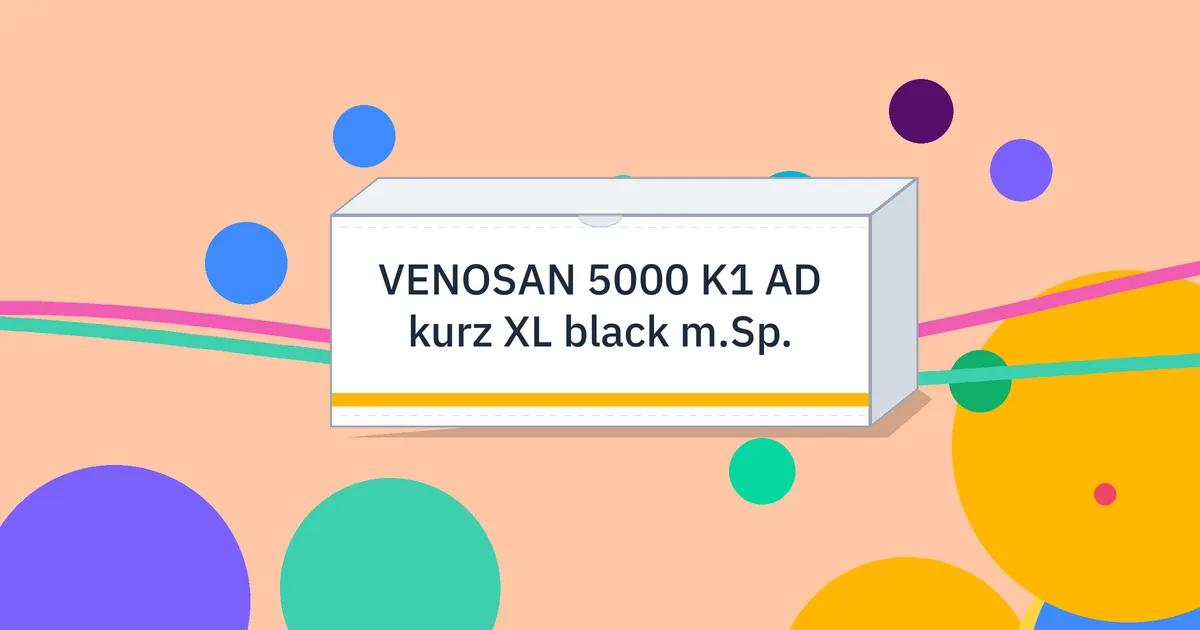 Symbolbild: Packung mit der Aufschrift VENOSAN 5000 K1 AD kurz XL black m.Sp. (PZN 14432571) – Verfügbarkeit und Bezug in Apotheken in Frankfurt am Main