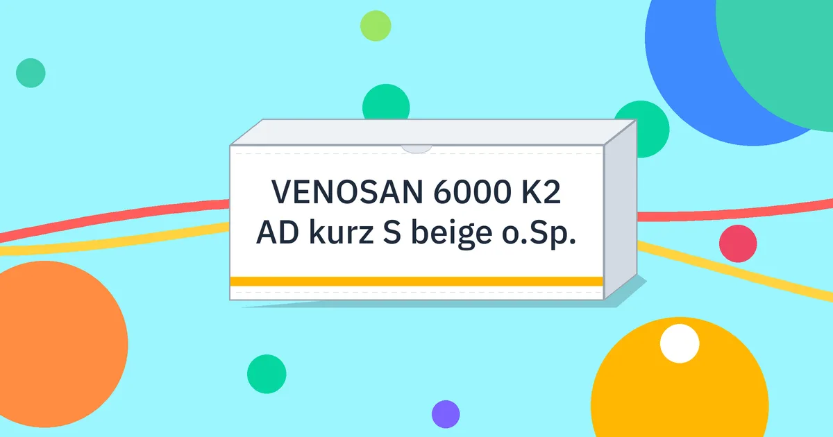 Symbolbild: Packung mit der Aufschrift VENOSAN 6000 K2 AD kurz S beige o.Sp. (PZN 17172194) – Verfügbarkeit und Bezug in Apotheken in Frankfurt am Main