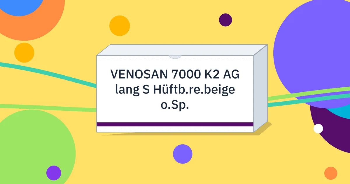 Symbolbild: Packung mit der Aufschrift VENOSAN 7000 K2 AG lang S Hüftb.re.beige o.Sp. (PZN 14434630) – Verfügbarkeit und Bezug in Apotheken in Frankfurt am Main