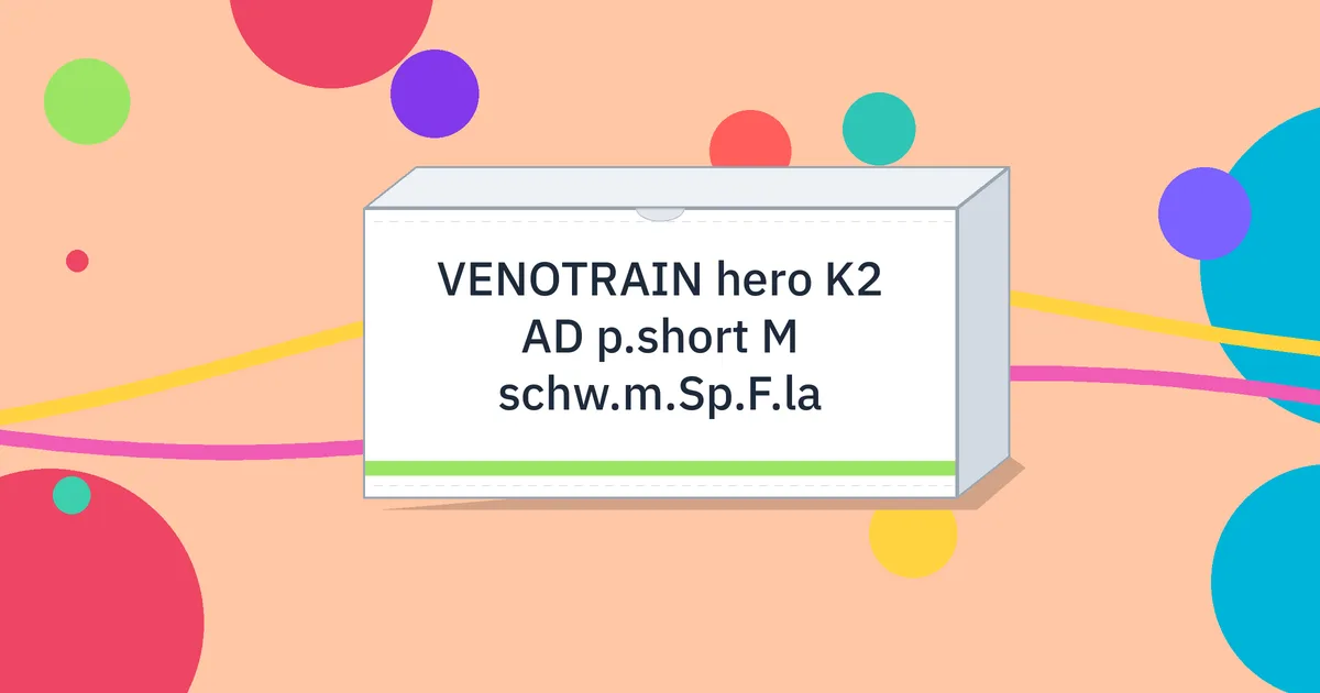 Symbolbild: Packung mit der Aufschrift VENOTRAIN hero K2 AD p.short M schw.m.Sp.F.la (PZN 19189997) – Verfügbarkeit und Bezug in Apotheken in Frankfurt am Main