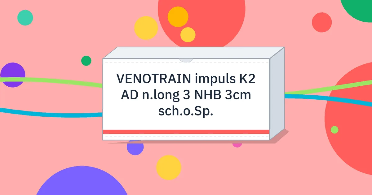 Symbolbild: Packung mit der Aufschrift VENOTRAIN impuls K2 AD n.long 3 NHB 3cm sch.o.Sp. (PZN 00653038) – Verfügbarkeit und Bezug in Apotheken in Frankfurt am Main