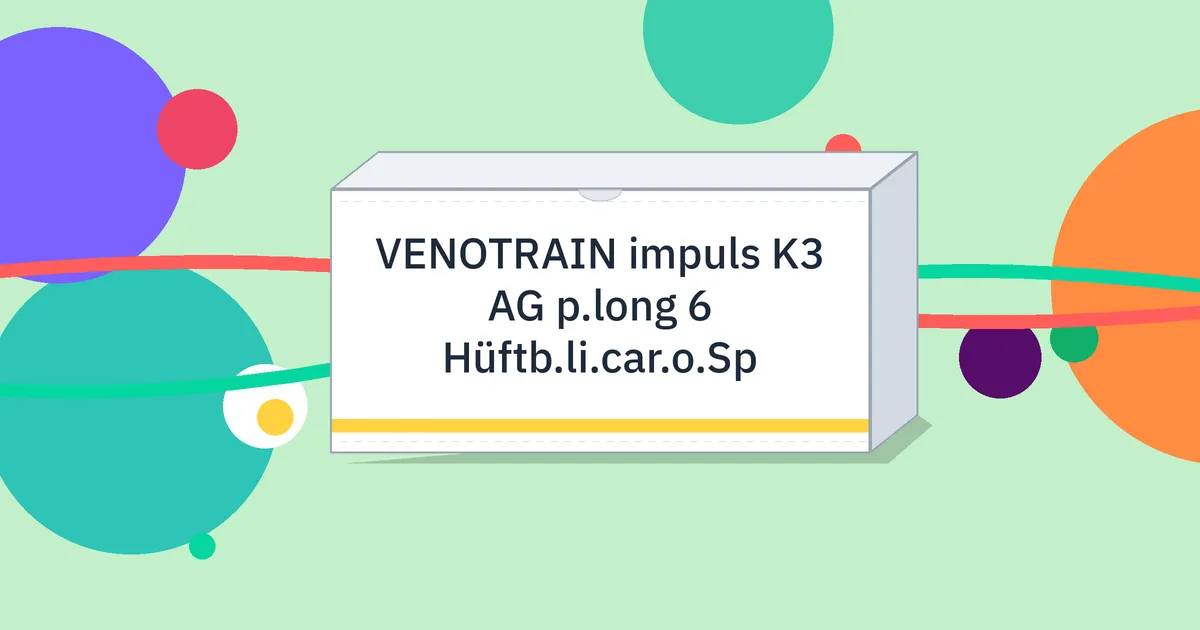 Symbolbild: Packung mit der Aufschrift VENOTRAIN impuls K3 AG p.long 6 Hüftb.li.car.o.Sp (PZN 08425503) – Verfügbarkeit und Bezug in Apotheken in Frankfurt am Main