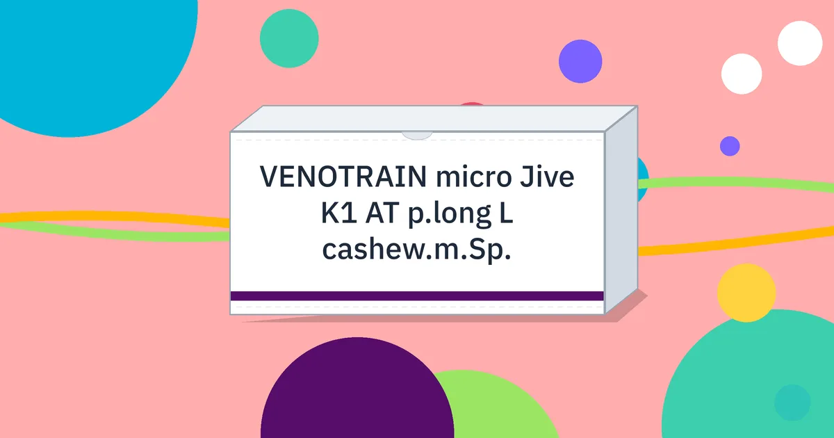 Symbolbild: Packung mit der Aufschrift VENOTRAIN micro Jive K1 AT p.long L cashew.m.Sp. (PZN 20766052) – Verfügbarkeit und Bezug in Apotheken in Frankfurt am Main