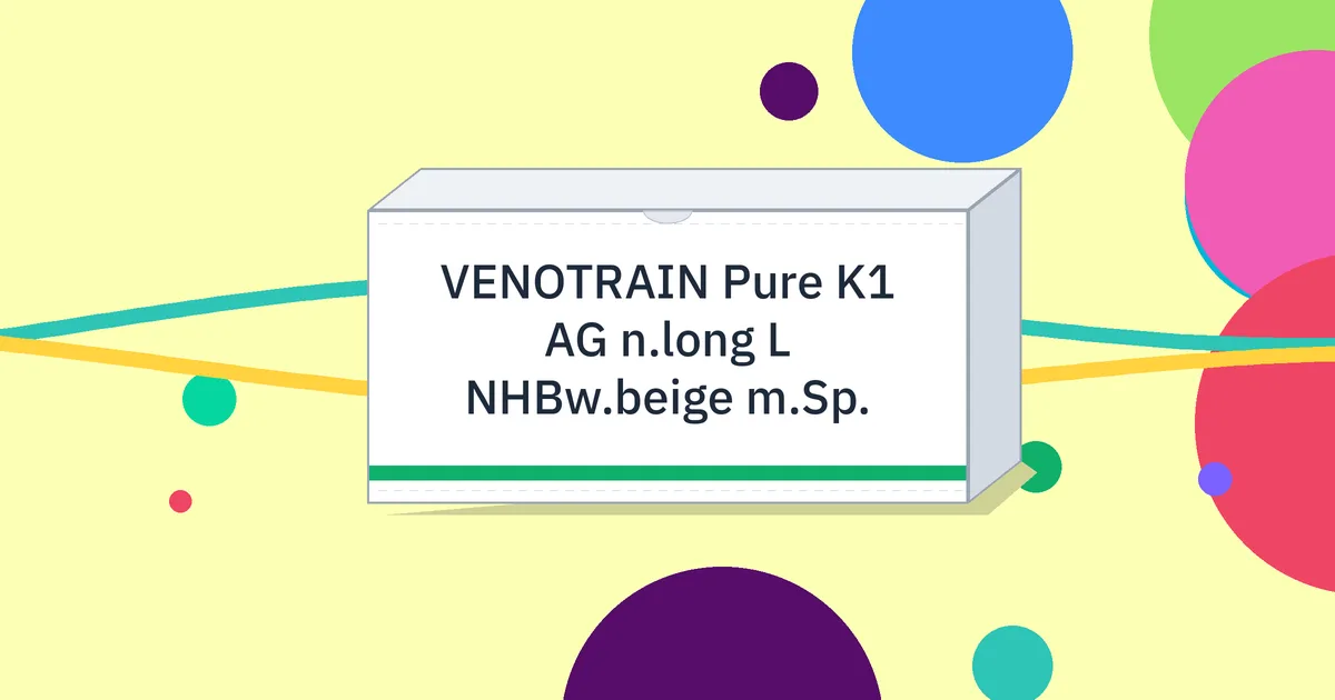Symbolbild: Packung mit der Aufschrift VENOTRAIN Pure K1 AG n.long L NHBw.beige m.Sp. (PZN 18150289) – Verfügbarkeit und Bezug in Apotheken in Frankfurt am Main