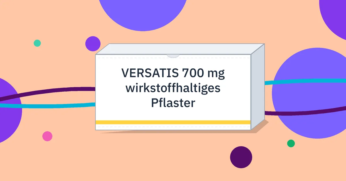 Symbolbild: Packung mit der Aufschrift VERSATIS 700 mg wirkstoffhaltiges Pflaster (PZN 15631597) – Verfügbarkeit und Bezug in Apotheken in Frankfurt am Main