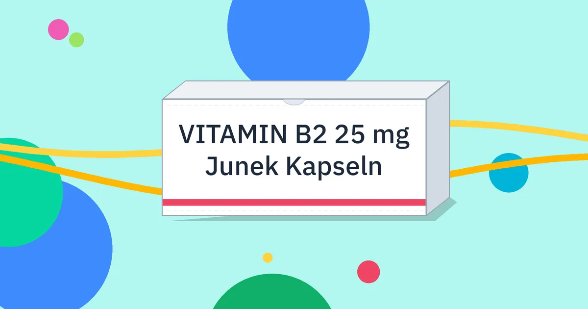 Symbolbild: Packung mit der Aufschrift VITAMIN B2 25 mg Junek Kapseln (PZN 16572193) – Verfügbarkeit und Bezug in Apotheken in Frankfurt am Main
