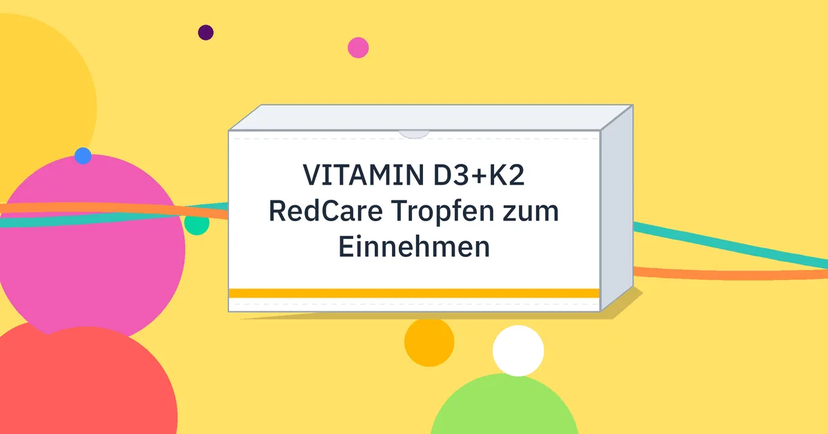 Symbolbild: Packung mit der Aufschrift VITAMIN D3+K2 RedCare Tropfen zum Einnehmen (PZN 19642965) – Verfügbarkeit und Bezug in Apotheken in Frankfurt am Main