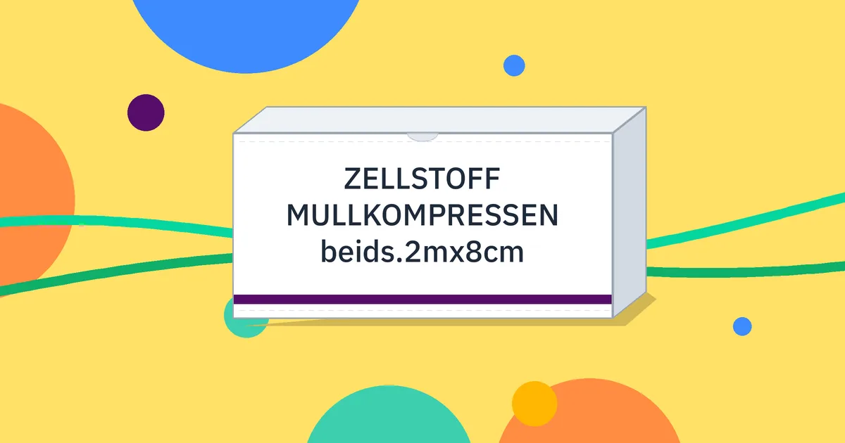 Symbolbild: Packung mit der Aufschrift ZELLSTOFF MULLKOMPRESSEN beids.2mx8cm (PZN 01723002) – Verfügbarkeit und Bezug in Apotheken in Frankfurt am Main