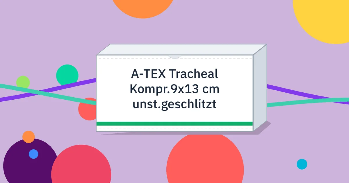 Symbolbild: Packung mit der Aufschrift A-TEX Tracheal Kompr.9x13 cm unst.geschlitzt (PZN 09285429) – Verfügbarkeit und Bezug in Apotheken in Frankfurt am Main