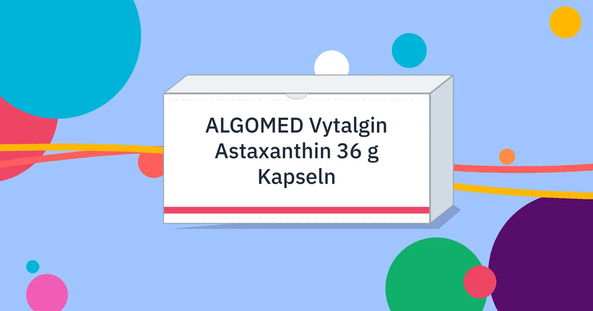 Symbolbild: Packung mit der Aufschrift ALGOMED Vytalgin Astaxanthin 36 g Kapseln (PZN 17901279) – Verfügbarkeit und Bezug in Apotheken in Frankfurt am Main
