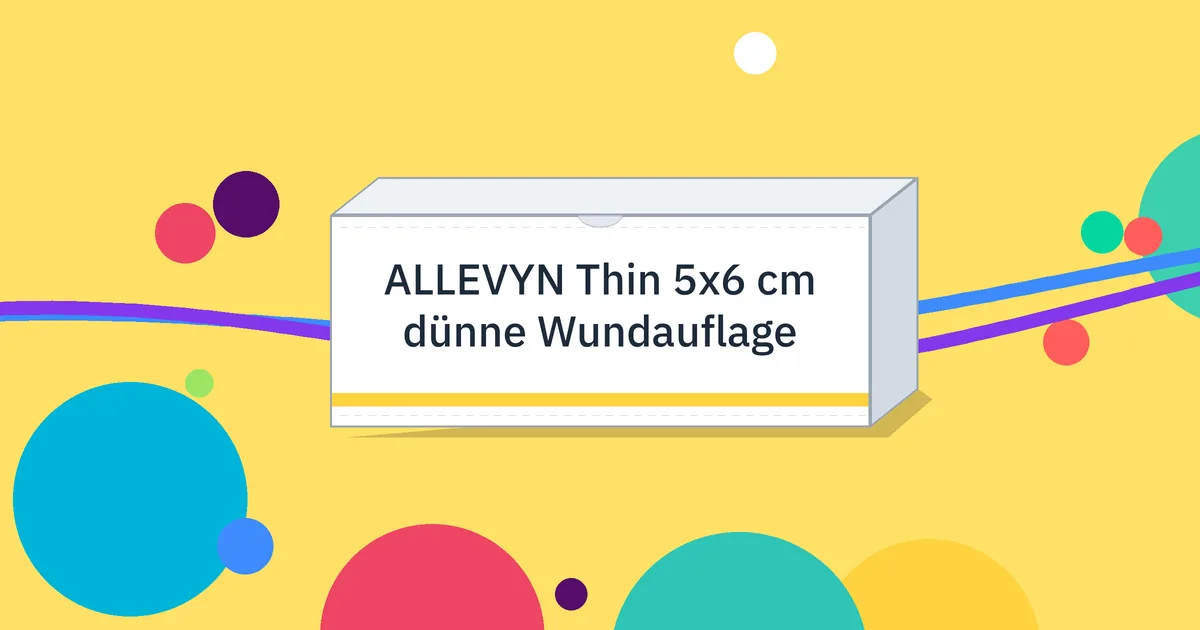 Symbolbild: Packung mit der Aufschrift ALLEVYN Thin 5x6 cm dünne Wundauflage (PZN 03211387) – Verfügbarkeit und Bezug in Apotheken in Frankfurt am Main