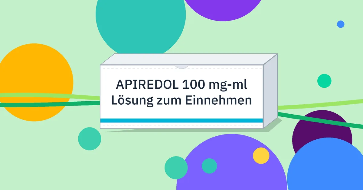 Symbolbild: Packung mit der Aufschrift APIREDOL 100 mg-ml Lösung zum Einnehmen (PZN 09882208) – Verfügbarkeit und Bezug in Apotheken in Frankfurt am Main