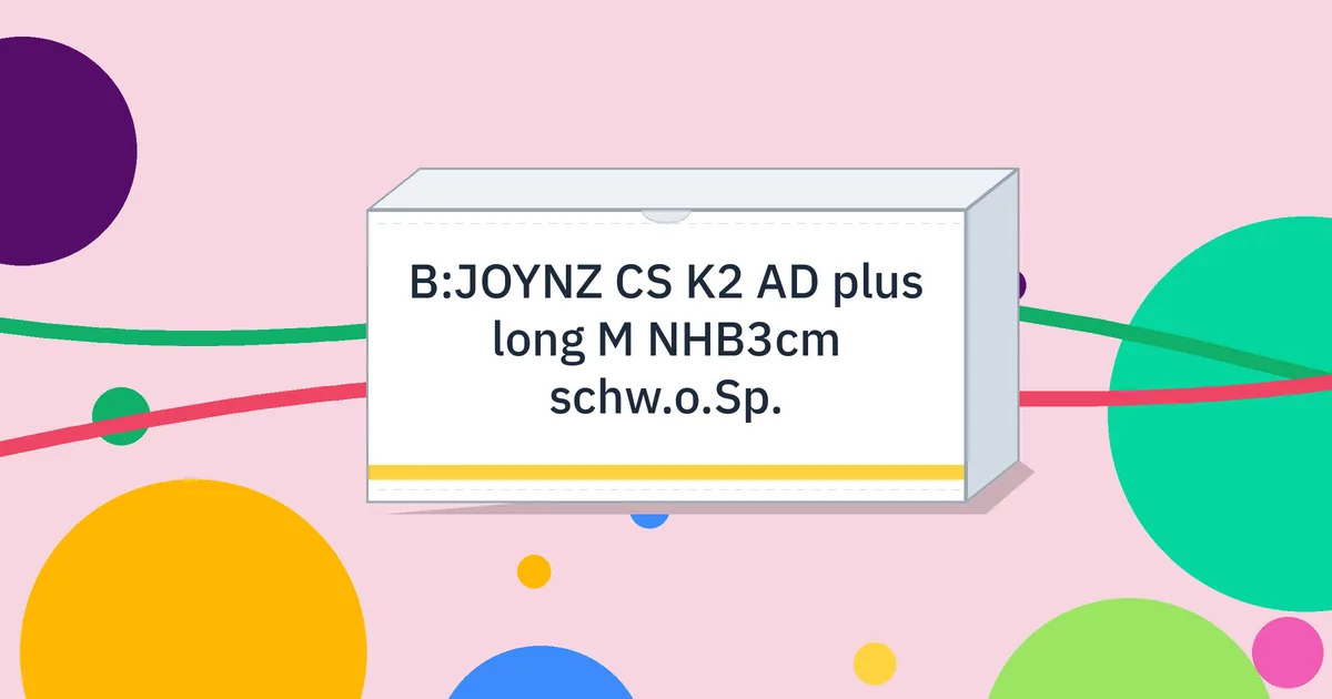 Symbolbild: Packung mit der Aufschrift B:JOYNZ CS K2 AD plus long M NHB3cm schw.o.Sp. (PZN 20527287) – Verfügbarkeit und Bezug in Apotheken in Frankfurt am Main