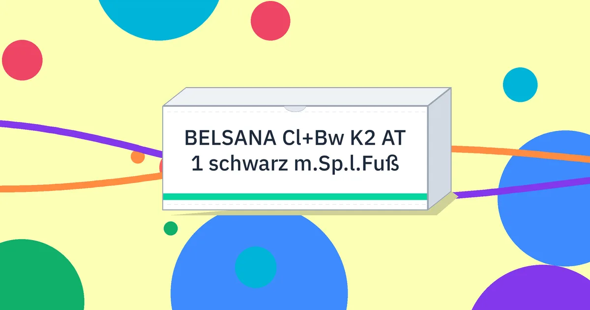 Symbolbild: Packung mit der Aufschrift BELSANA Cl+Bw K2 AT 1 schwarz m.Sp.l.Fuß (PZN 12248969) – Verfügbarkeit und Bezug in Apotheken in Frankfurt am Main